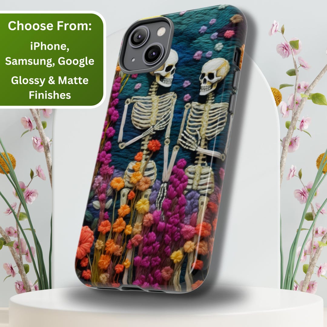 Skeletons Phone Case, Skeleton Romance Phone Case, Embroidered Floral ...