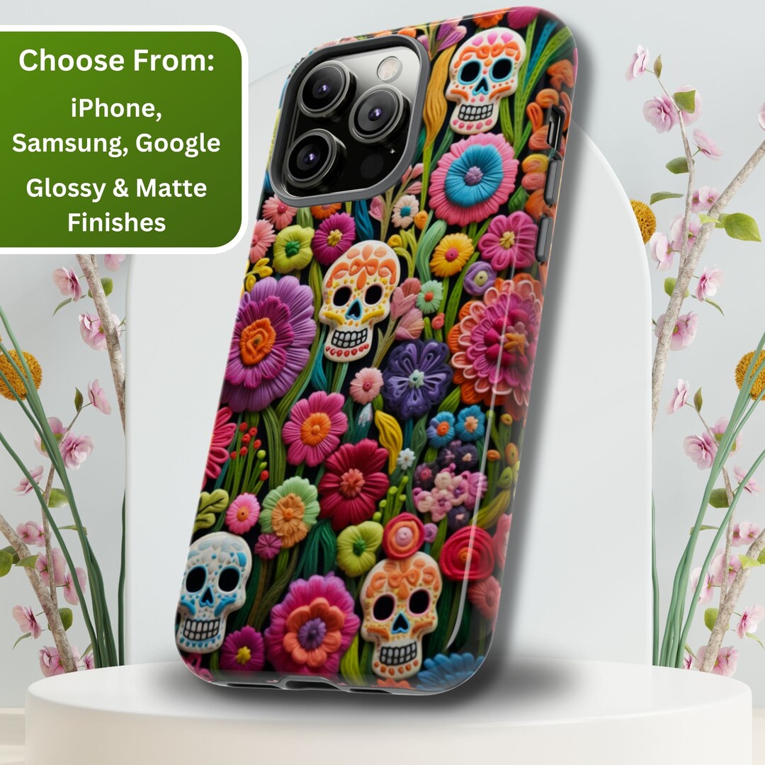 Sugar Skull Phone Case, Embroidered Halloween Floral Phone Case, Spooky ...