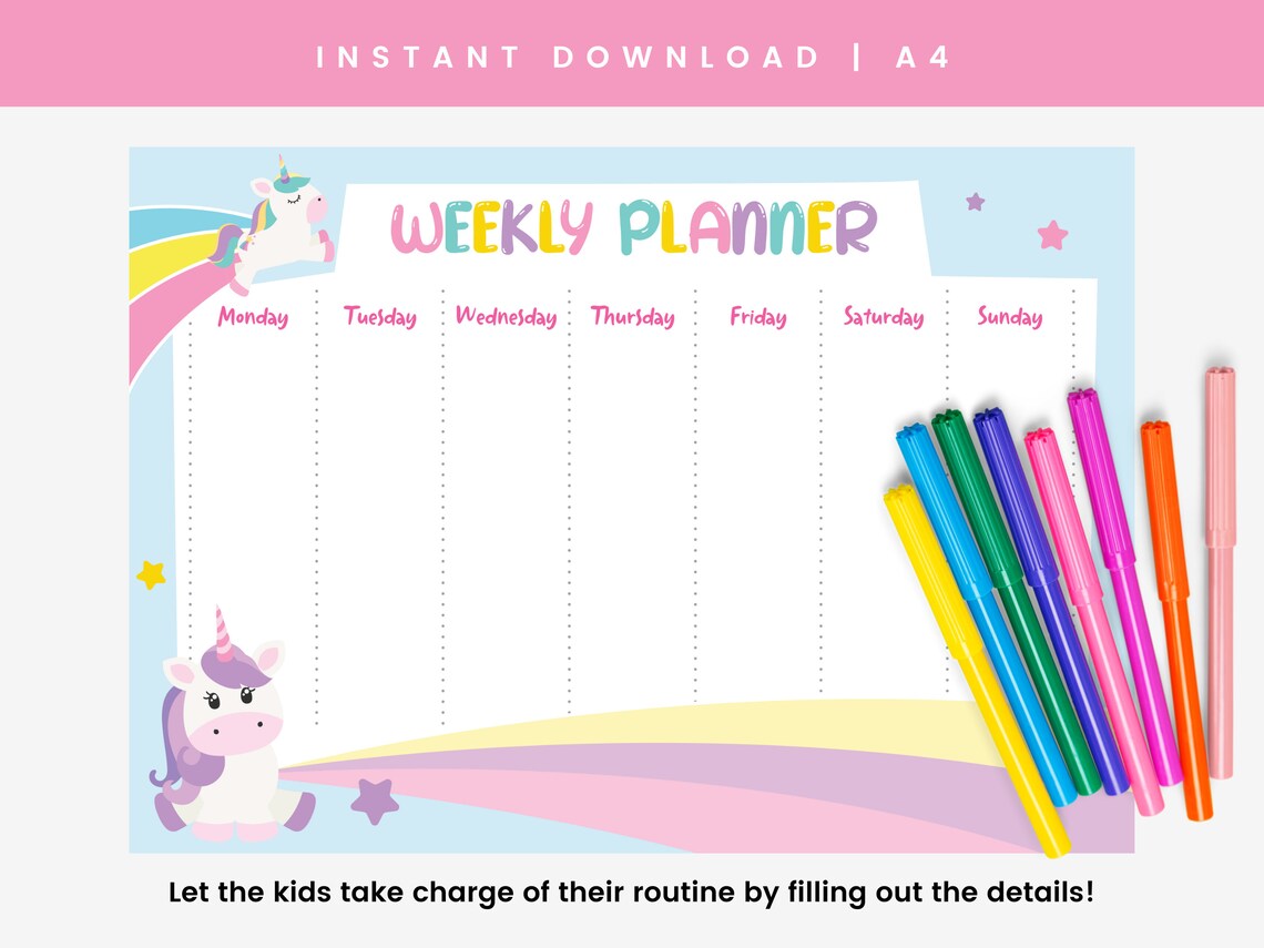 Printable Unicorn Kids Weekly Planner | Unicorn Homeschool Planner ...