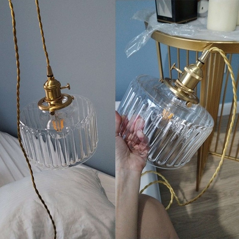 Fluted Glass Short Cylinder Pendant Led Light In Vintage Style Etsy