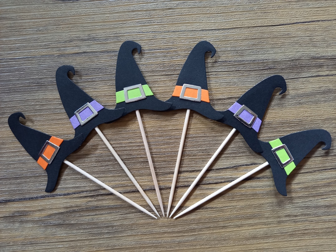 6/12 Witches Hat Cupcake Toppers Halloween Cake Toppers Black/orange ...