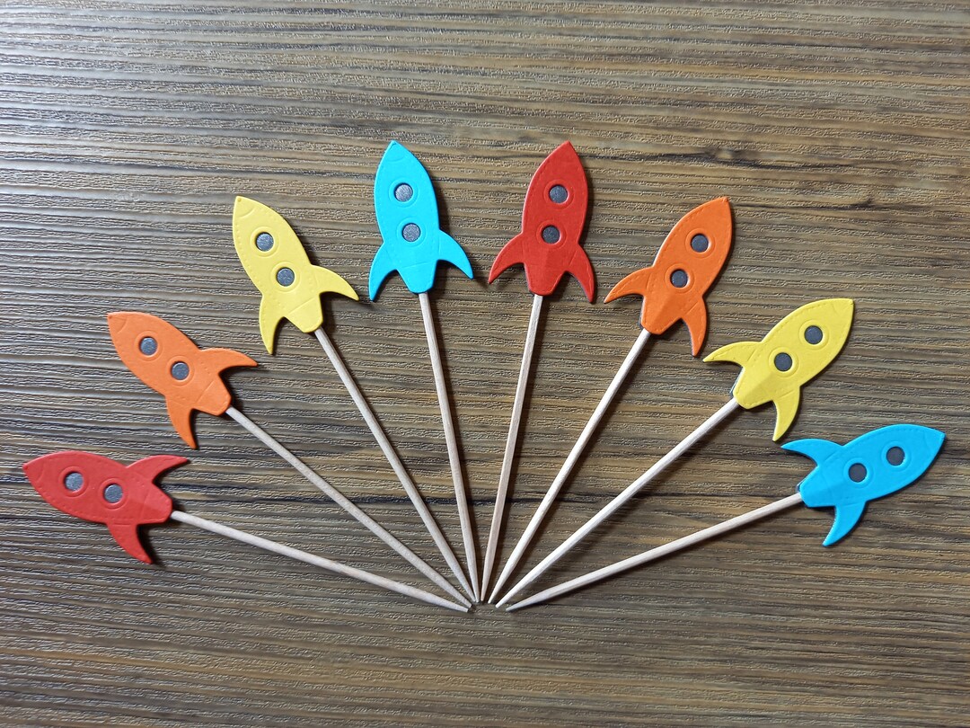 12 Space Rocket Cupcake Toppers Red/orange/yellow/blue Spaceship Cake ...