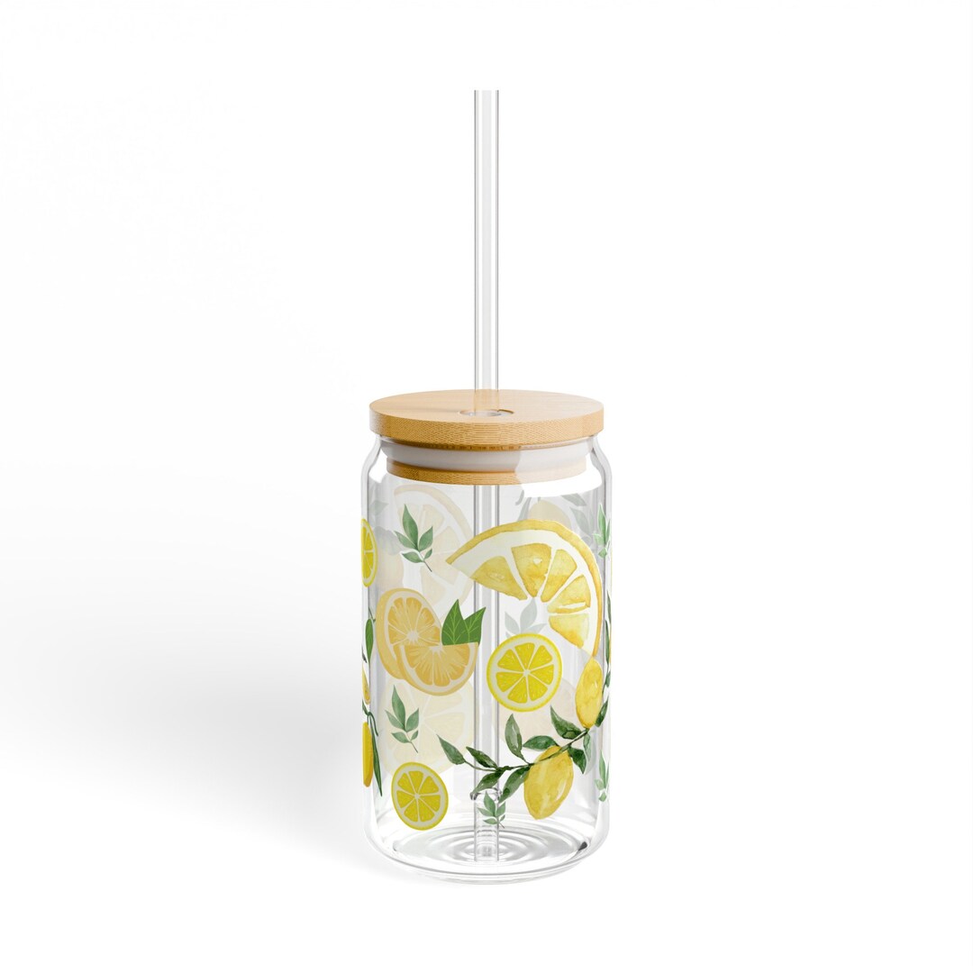 Lemon Glass Cup With Lid, Lemon Summer Glass Cup, Summer Wine Cup With ...