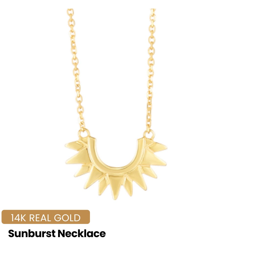 14k Gold Sunburst Necklace, Real Gold Sunburst Fan Pendant, Sunburst ...