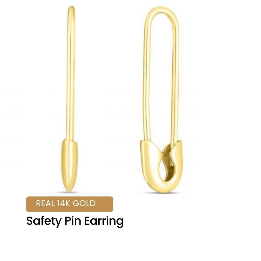 14K Real Gold Safety Pin Drop Earrings, 14K Safety Pin Earrings ...