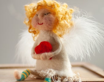 Needle Felted Angel With a Heart, Angel With Heart, Little Angel, Angel ...