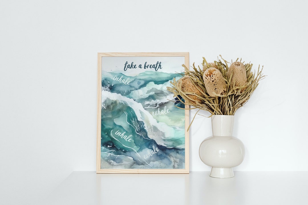 Take A Breath Meditative Wall Decor Blue Watercolor Ocean Waves ...