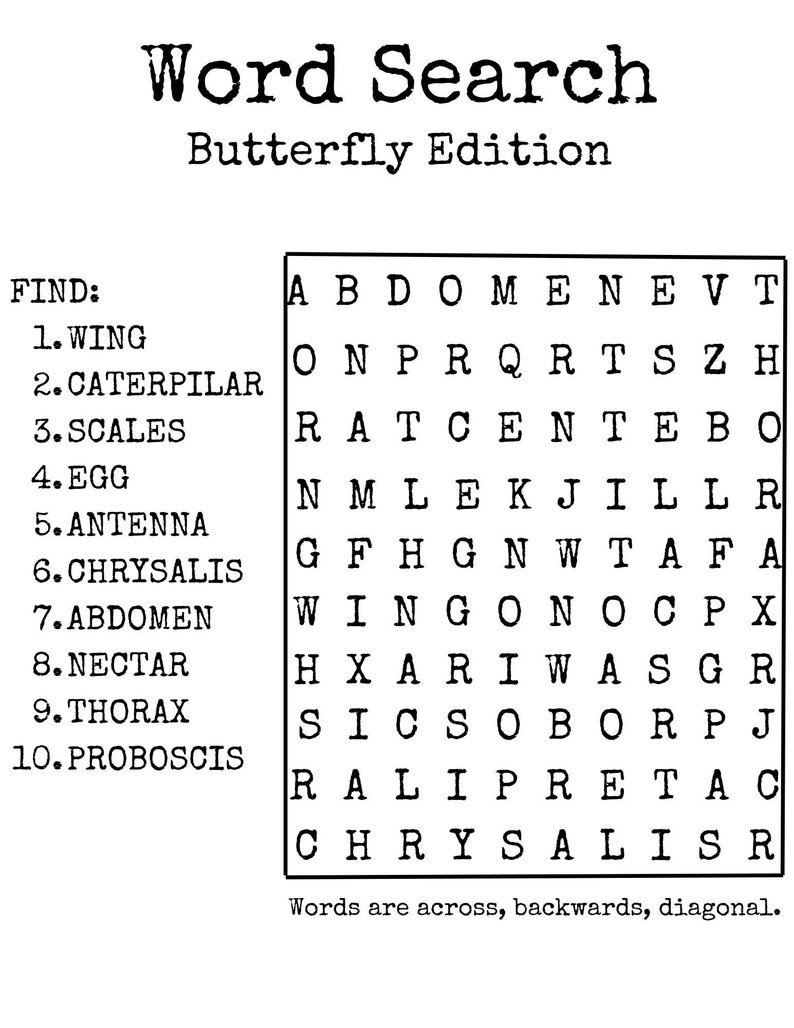 Butterfly Word Search - Etsy
