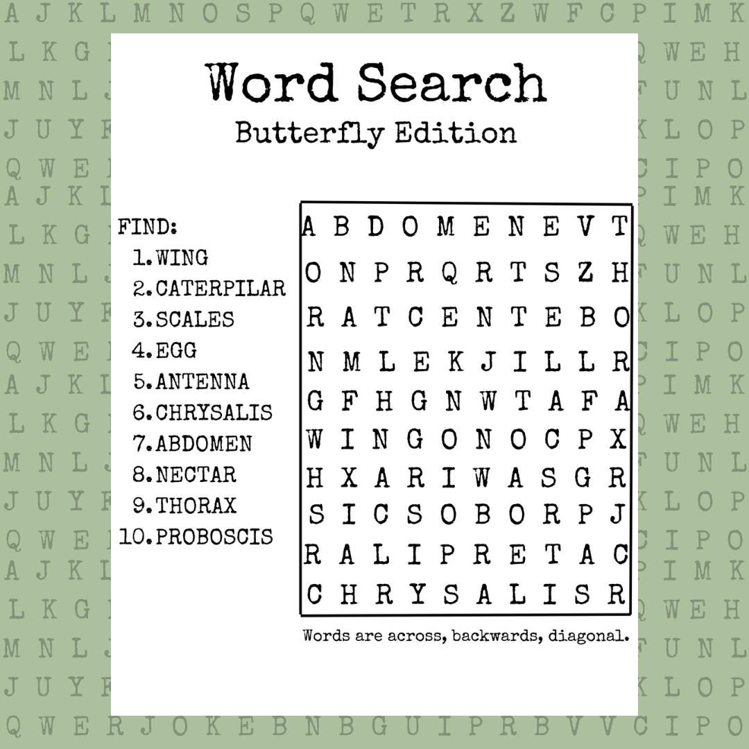 Butterfly Word Search - Etsy