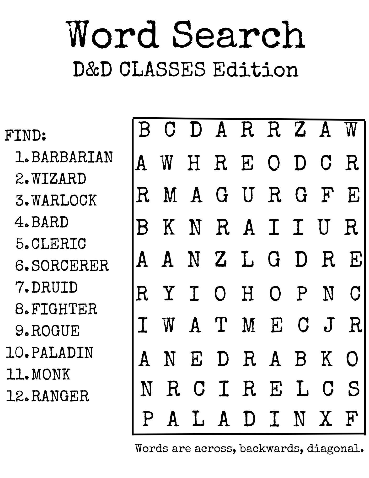 D&D Classes Word Search - Etsy