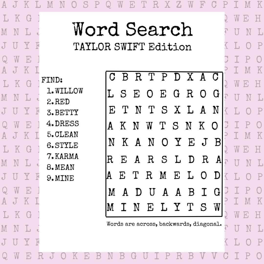 Taylor Swift Songs Word Search - Etsy