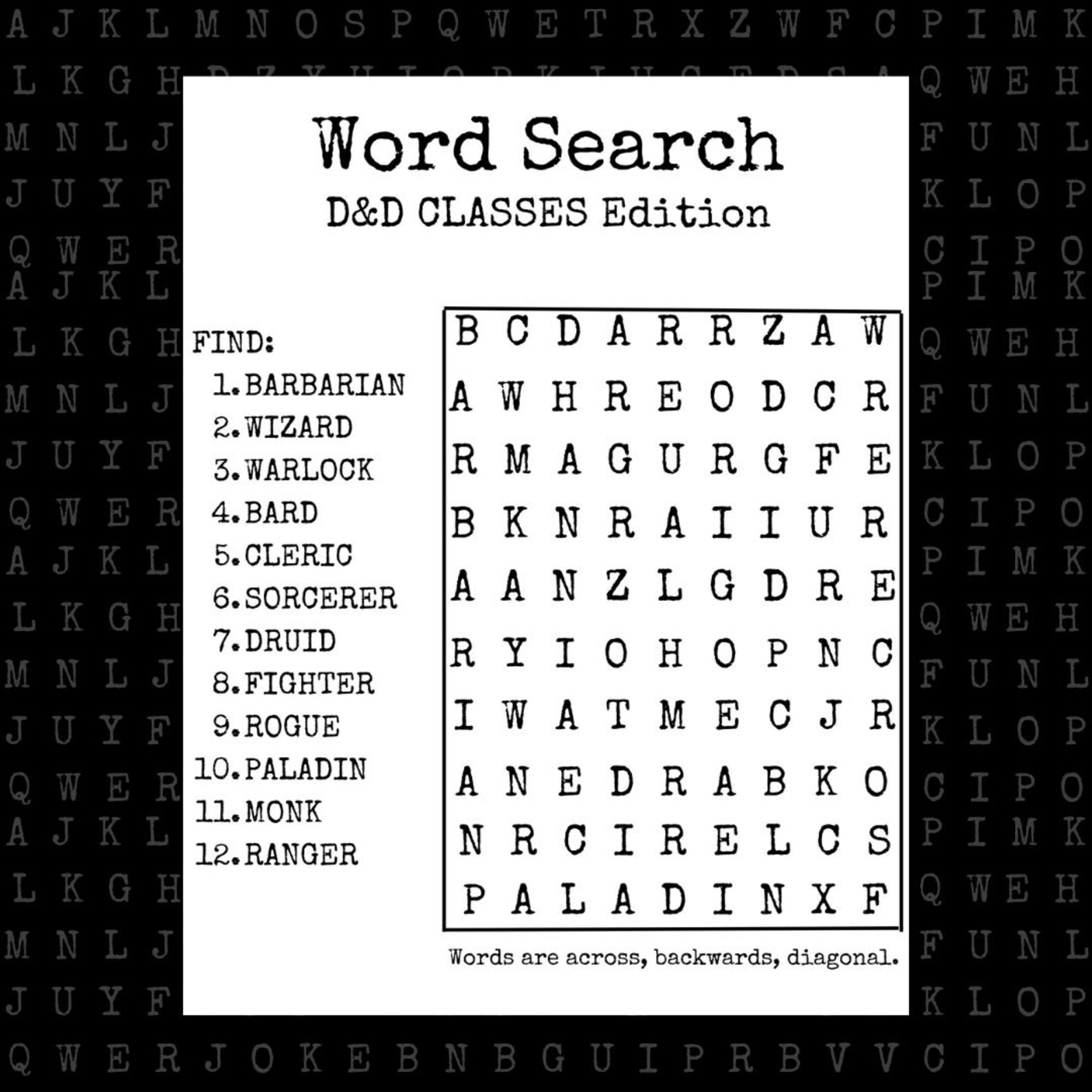 D&D Classes Word Search - Etsy