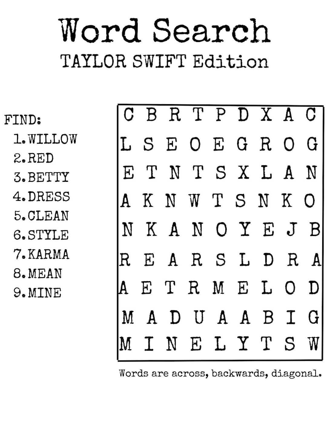 Taylor Swift Songs Word Search - Etsy
