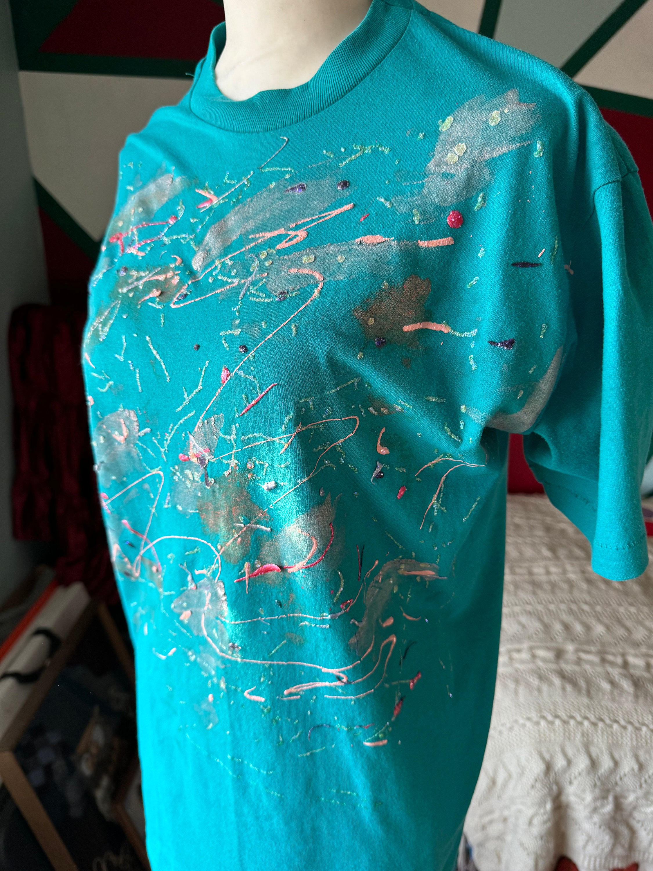 Retro 80s 90s Puff Paint Fabric Paint Art Embellished Tshirt - Etsy