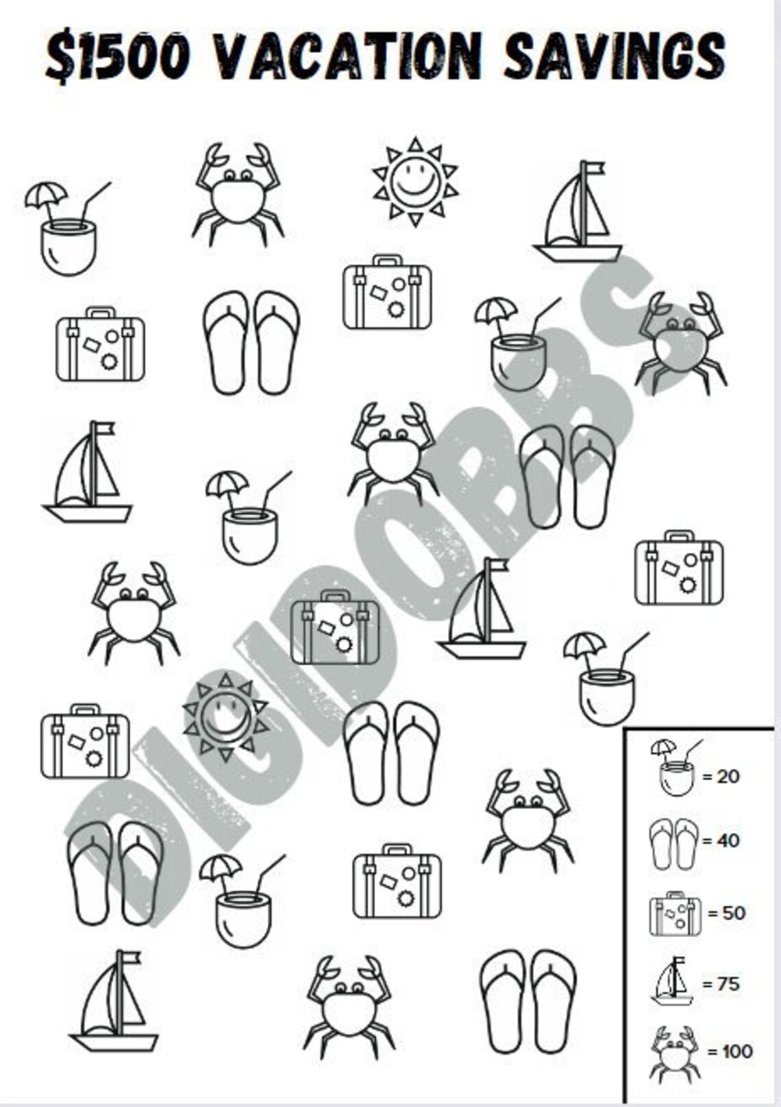 1500 Vacation Savings Challenge Coloring Sheet, Envelope Challenge ...