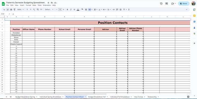 Google Sheets Fraternity Greek Life Budget Spreadsheet - Etsy