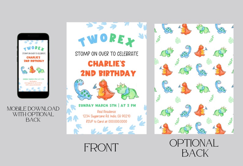 Two Rex Birthday Invitation 5x7 and Mobile - Etsy