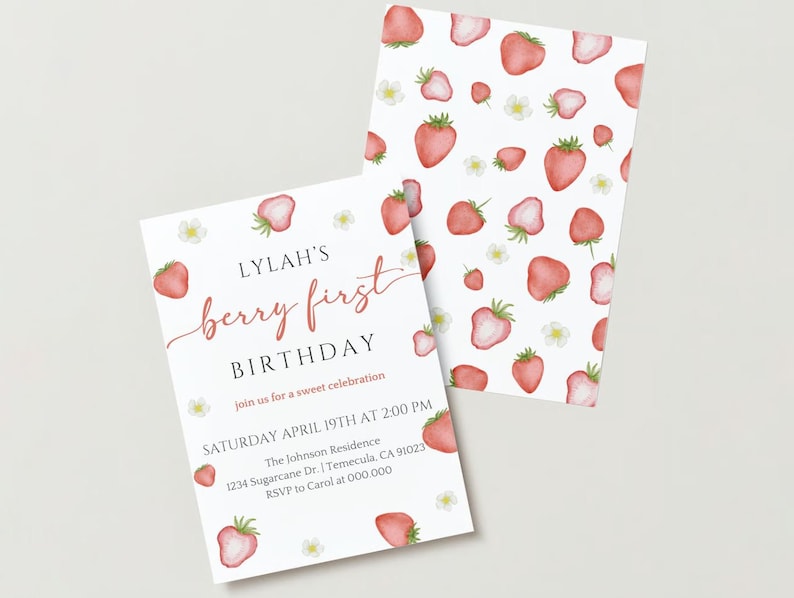 Strawberry First Birthday Invitation Berry 5x7 - Etsy