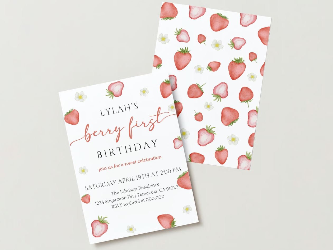 Strawberry First Birthday Invitation Berry 5x7 - Etsy