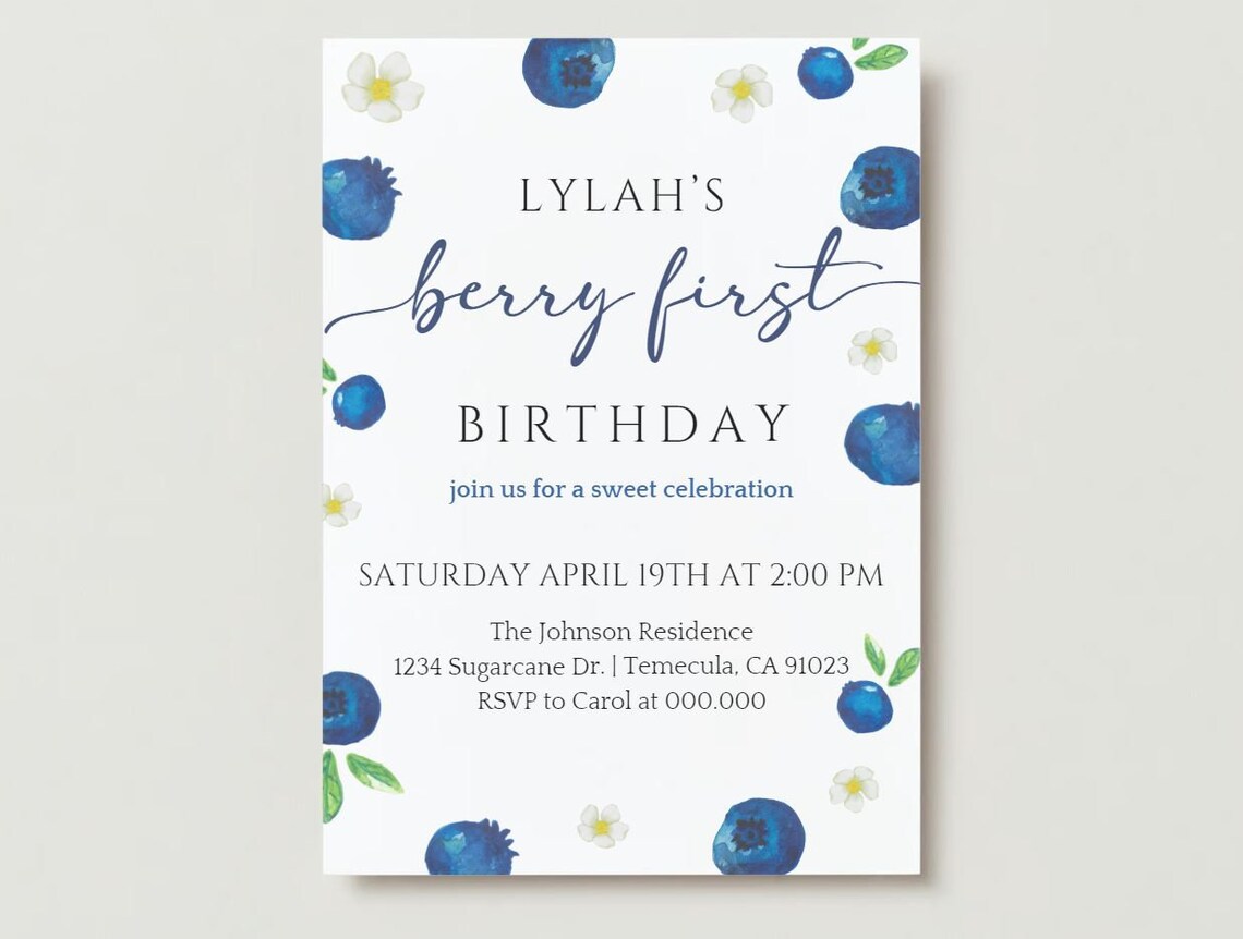 Blueberry First Birthday Invitation Berry 5x7 - Etsy