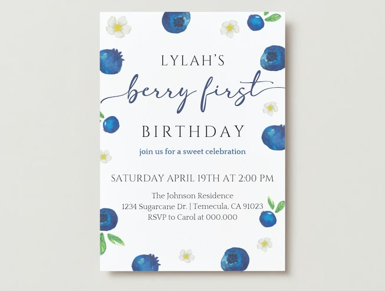 Blueberry First Birthday Invitation Berry 5x7 - Etsy