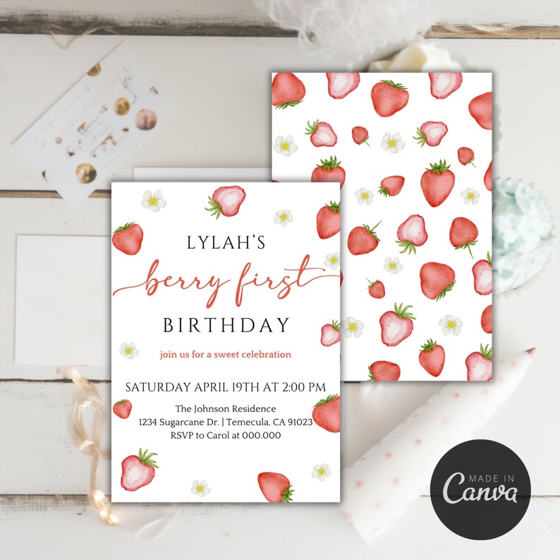 Strawberry First Birthday Invitation Berry 5x7 - Etsy