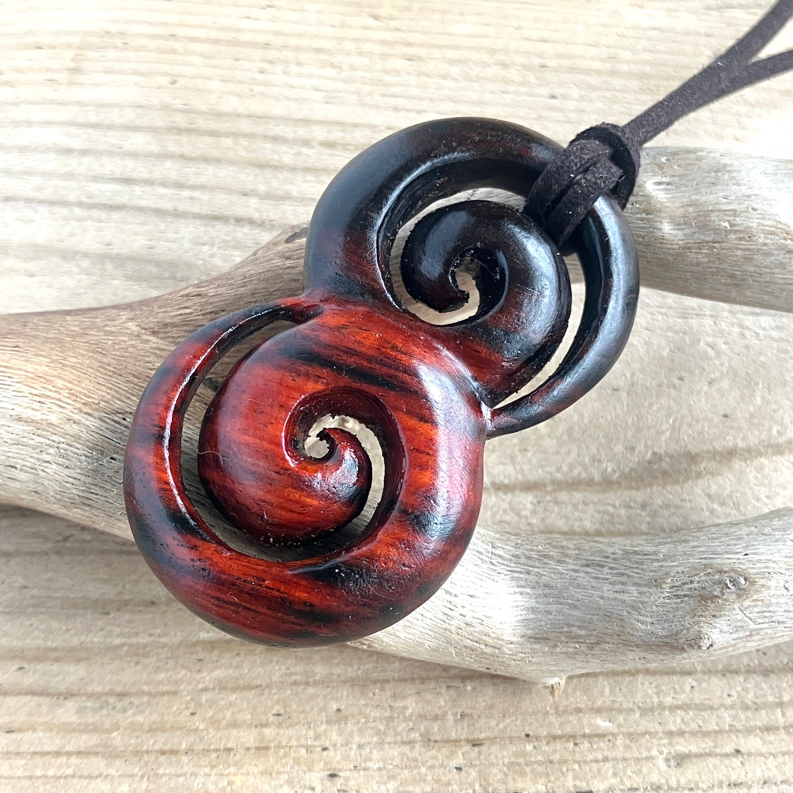 Wooden Twin Double Koru Spiral Pendant Necklace Hand Carved From ...