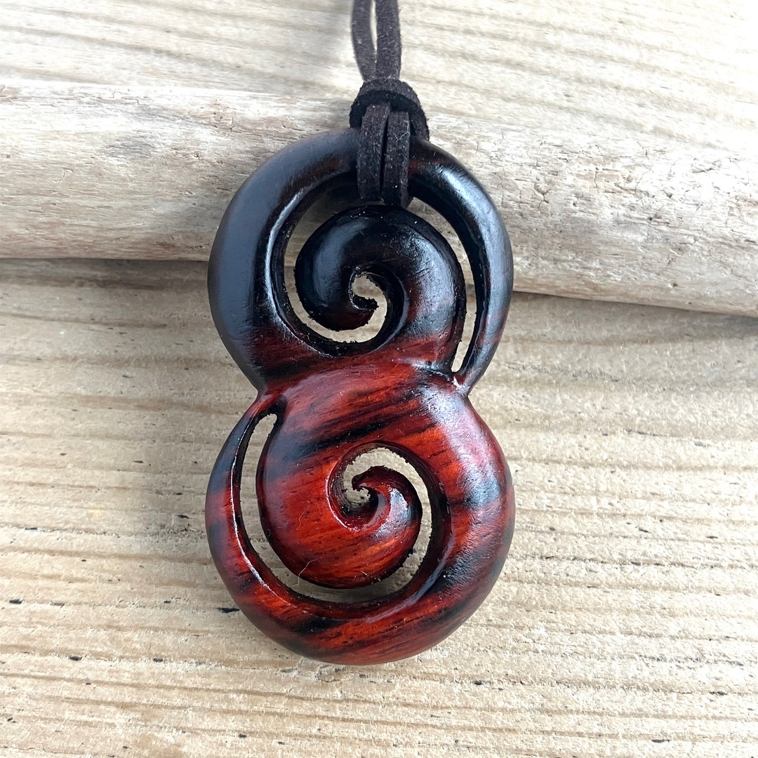 Wooden Twin Double Koru Spiral Pendant Necklace Hand Carved From ...