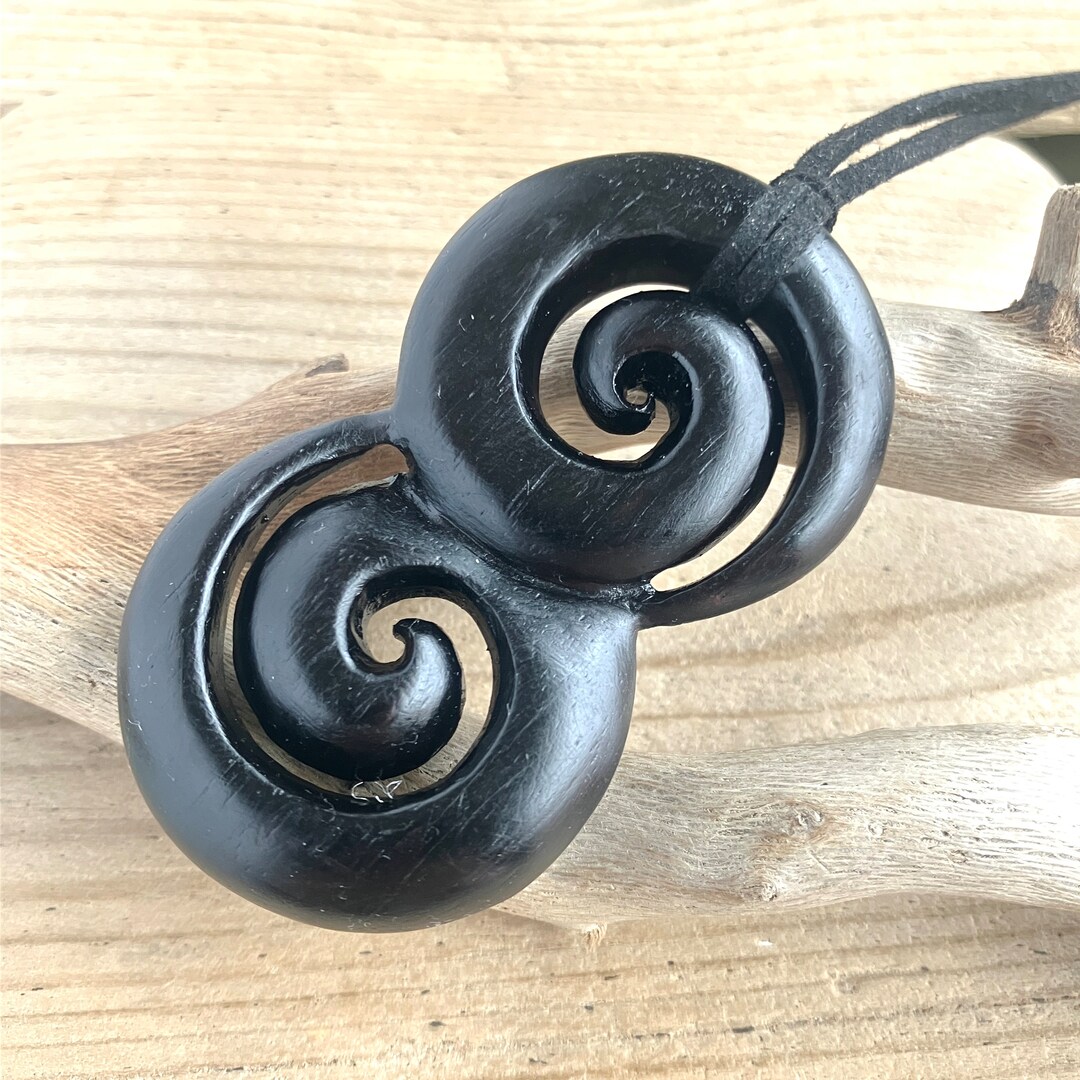 Wooden Twin Double Koru Spiral Pendant Necklace Hand Carved From Ebony ...