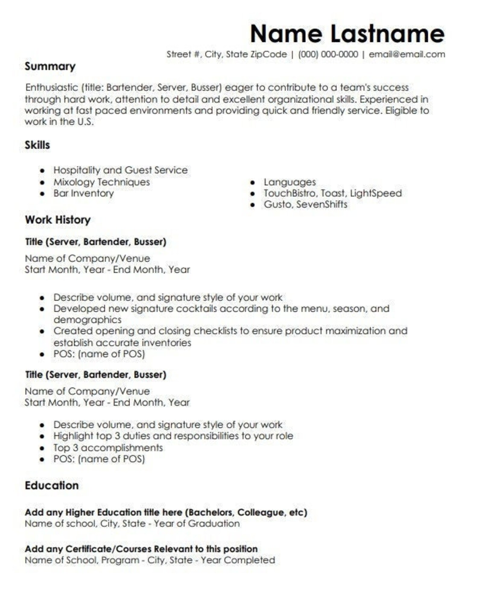 One Page Resume (service Industry) - ATS Resume Template for Word, ATS ...