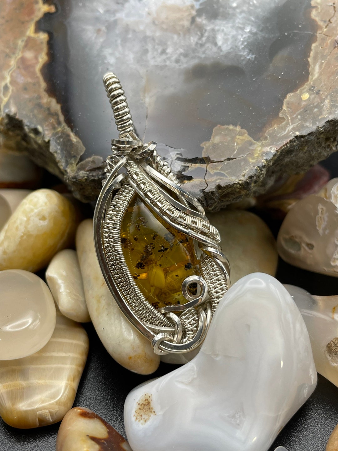 Amber With Bugs in Silver Pendant - Etsy
