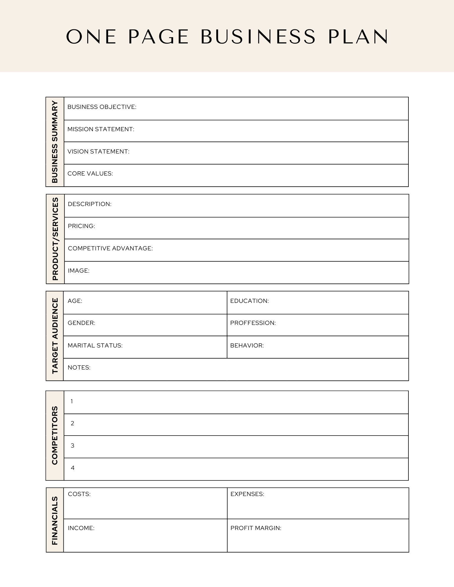 One Pager Business Plan Template - Etsy