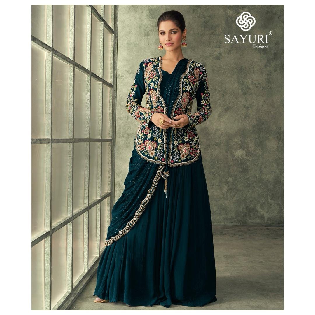 Ready to Wear Blue Saree With Jacket, Sari Gown, 1 Min Saree , Asian ...