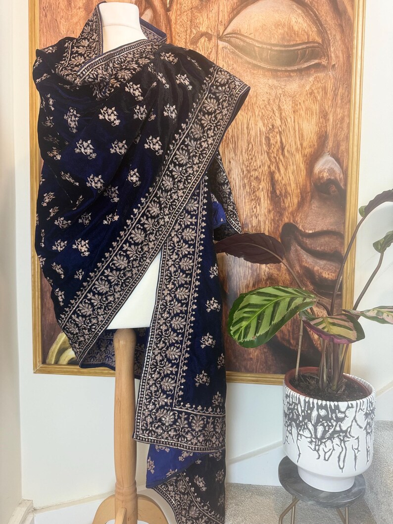 Beautiful Navy Blue Shawl/stole in Velvet Fabric, Indian Scarf ...