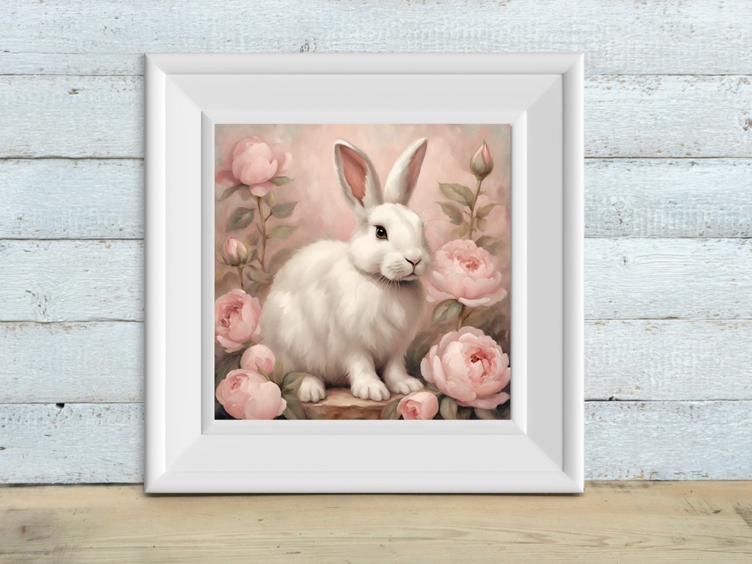 Printable Wall Art, Margot the Rabbit & Pink Roses Print, Square Art ...