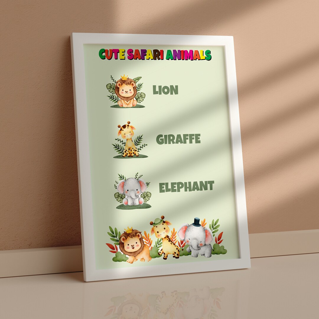 Cute Safari Animals Poster Educational Wall Art for Kids and Nurseries ...
