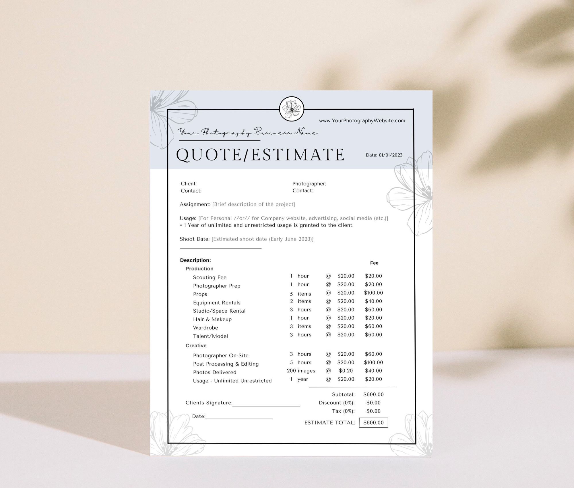 Photography Quote/estimate Template (BLUE) - Photography Pricing ...