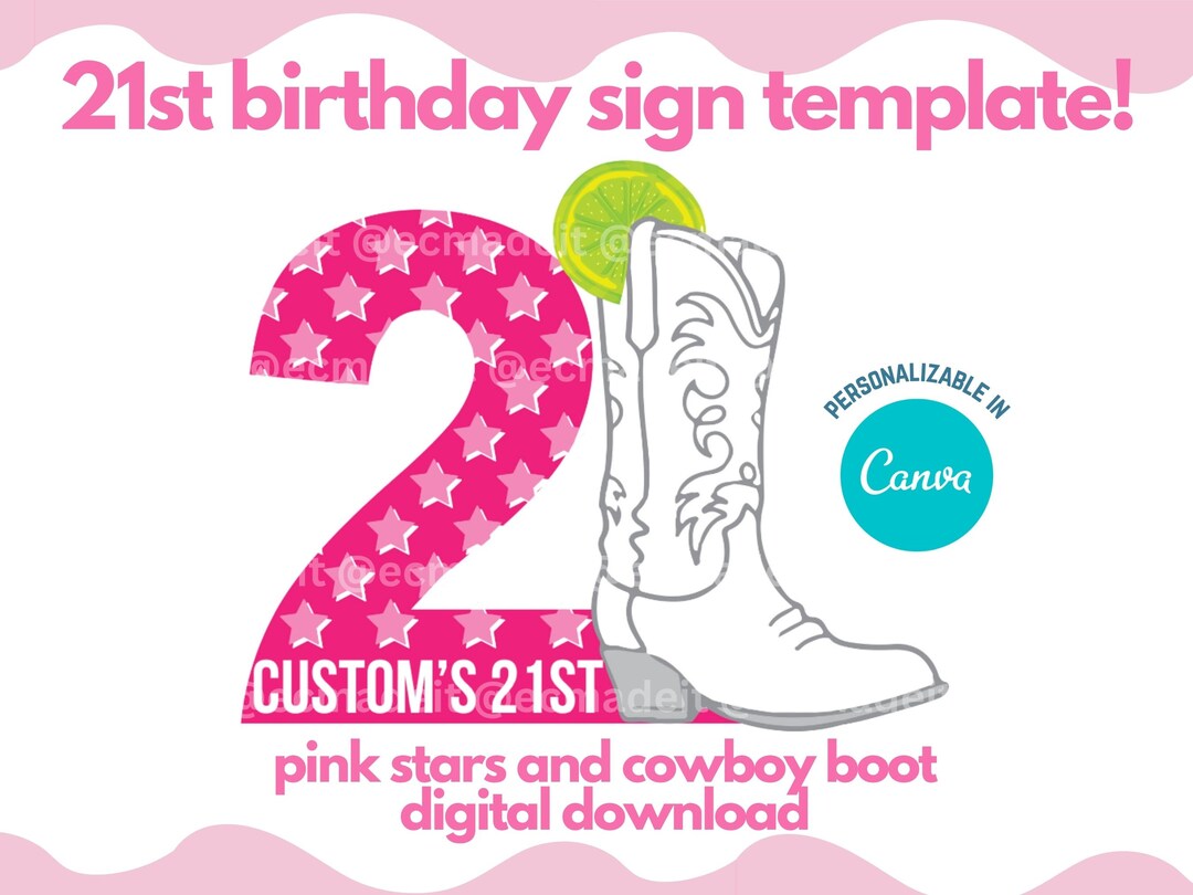 21st Birthday Sign Template Pink Stars and White Cowboy Boot With Lime ...