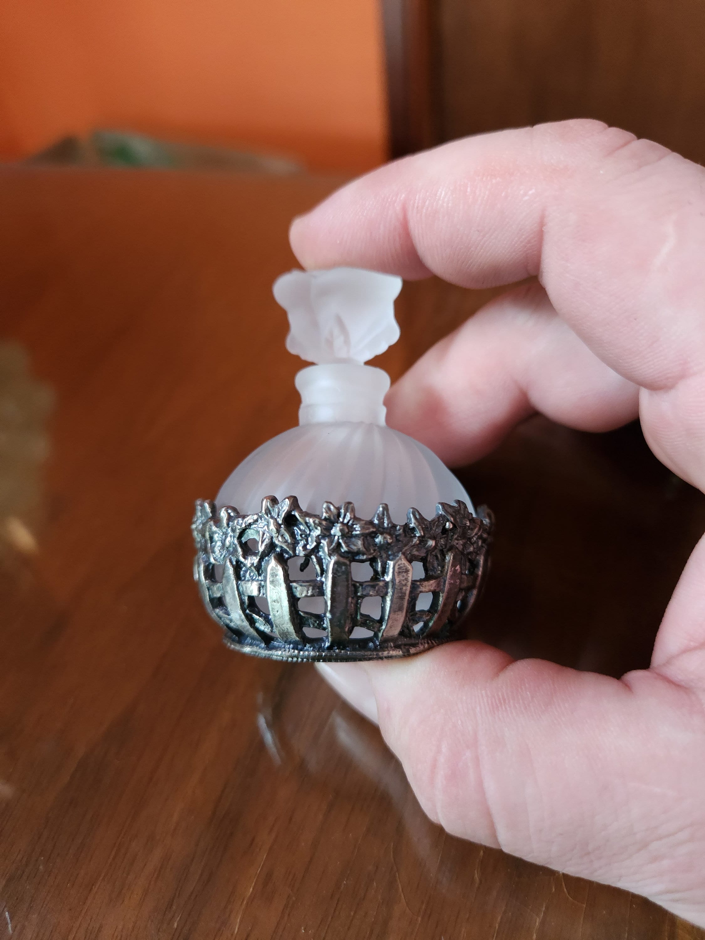 Decorative Frosted Glass Perfume Bottle in Silver Flower Basket - Etsy