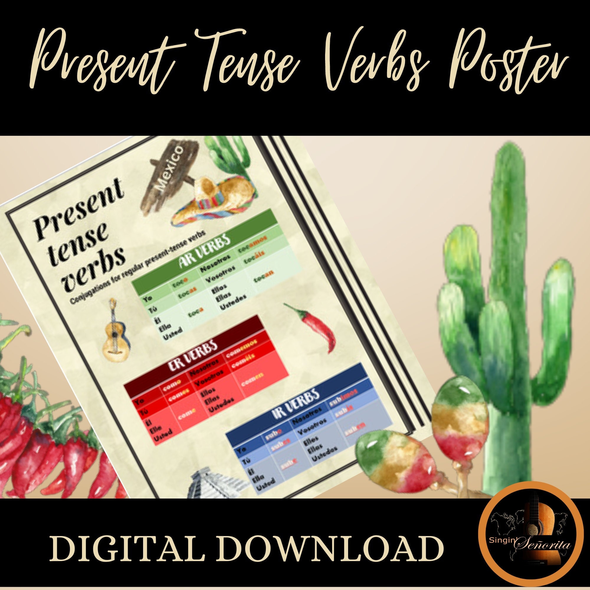 Spanish Printable Classroom Poster Present-tense Verbs - Etsy
