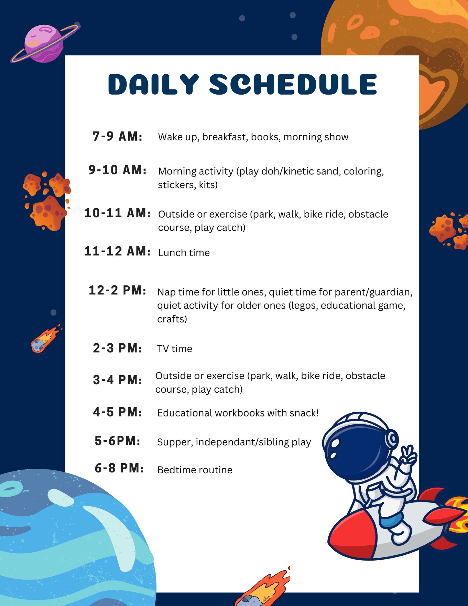 Babysitting Schedule, Stay at Home Parent Schedule, Kids Schedule - Etsy