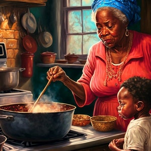 New Orleans Gumbo Art Print: Southern Family Kitchen Scene (digital ...