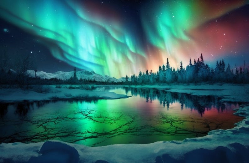 Aurora Borealis Art Print - Northern Lights Landscape - Frozen Night ...