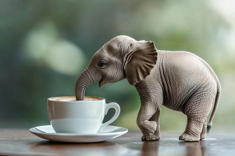 Tiny Elephant Coffee Cup Digital Art Print, Whimsical Animal Art, Cute ...