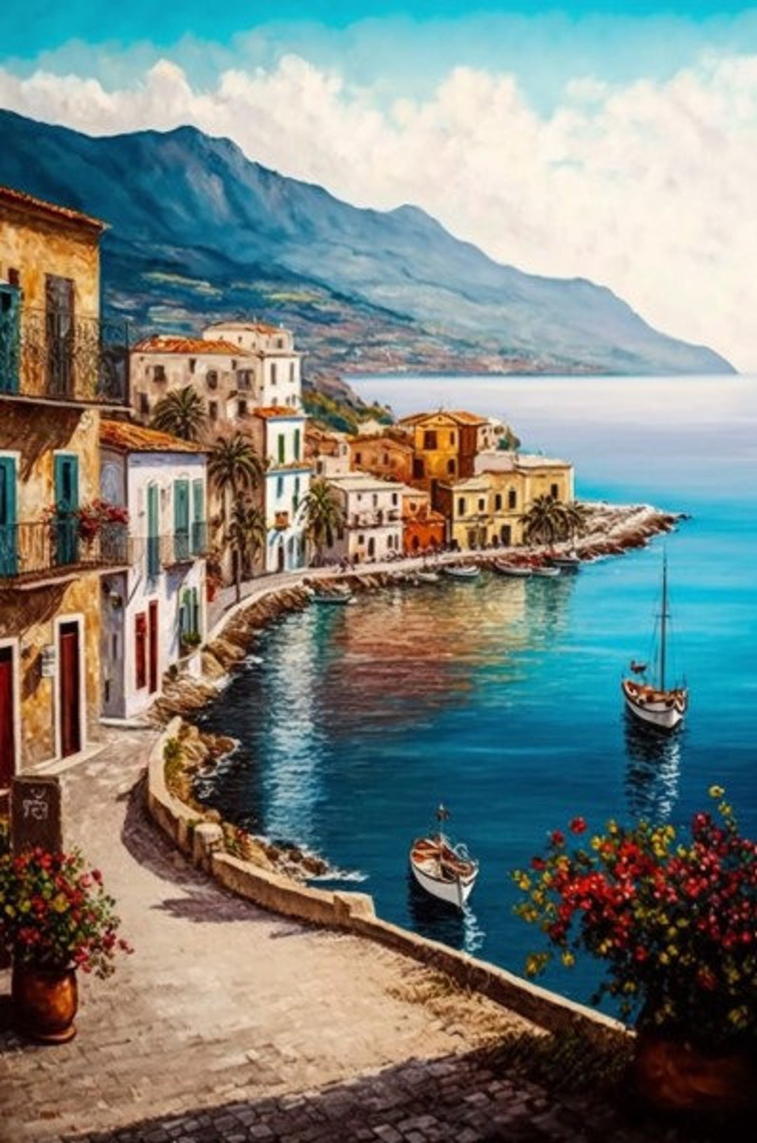 Mediterranean Digital Art, Seaside Town Print, Coastal Escape Download ...