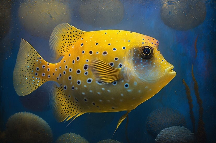 Spotted Yellow Boxfish, Colorful Fish, Oil Painting, AI Art, Frameable ...