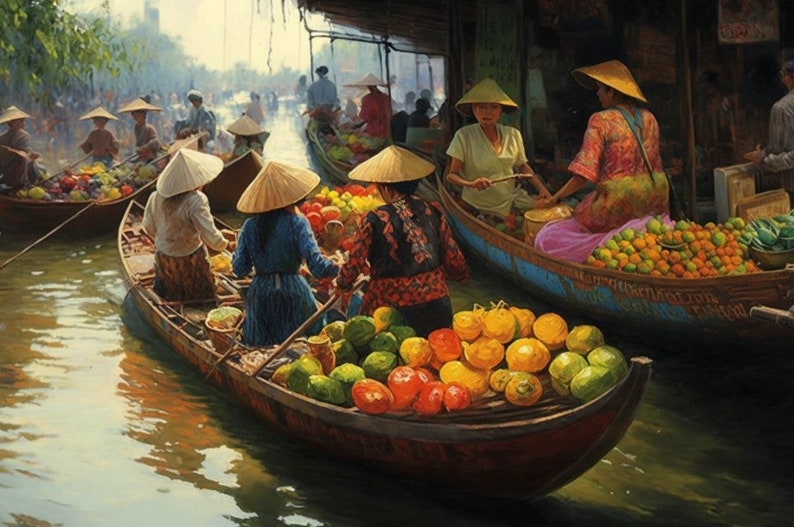 Vietnamese Floating Market Oil Painting | Vietnam Wall Art | Southeast ...
