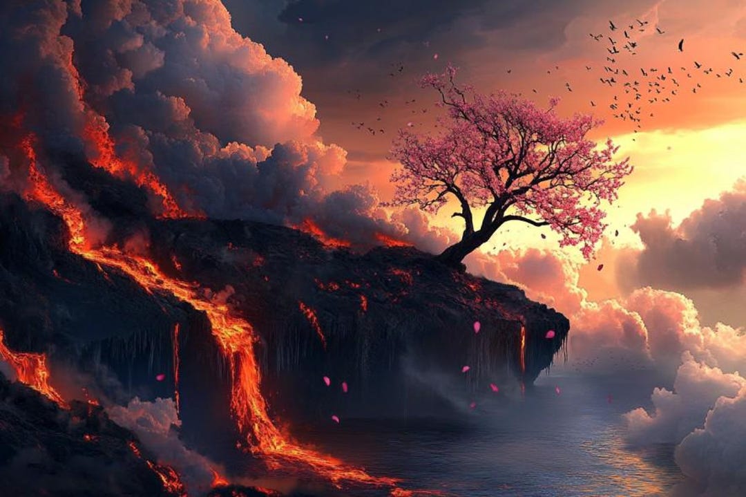 Surreal Cherry Blossom Tree With Lava Flow Digital Art Print – Nature ...