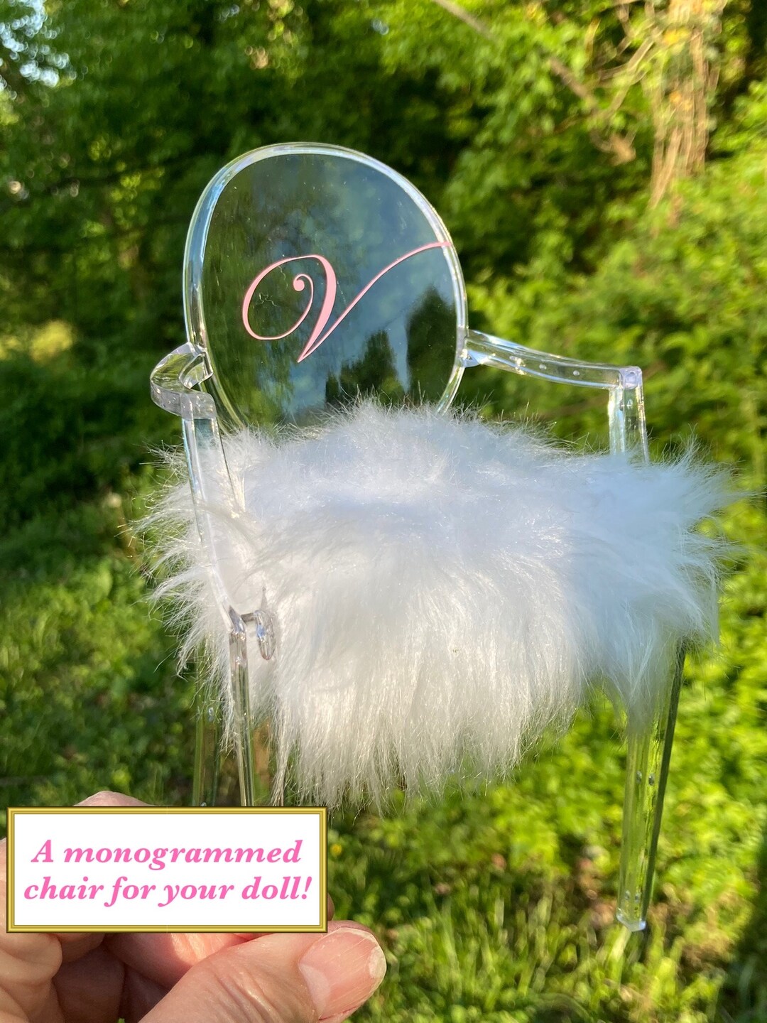 Monogrammed Chair With Furry Seat and Pink Lettering for 11 1/2” - 12 ...