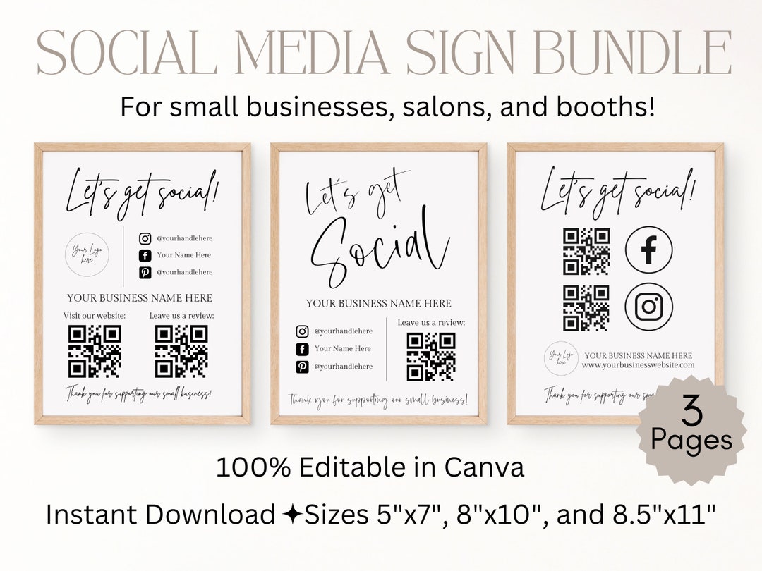Business Sign Templates Bundle, Social Media Sign Printable, Custom QR ...